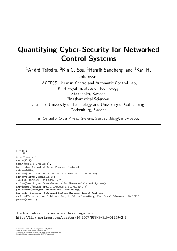Pdf Quantifying Cyber Security For Networked Control Systems
