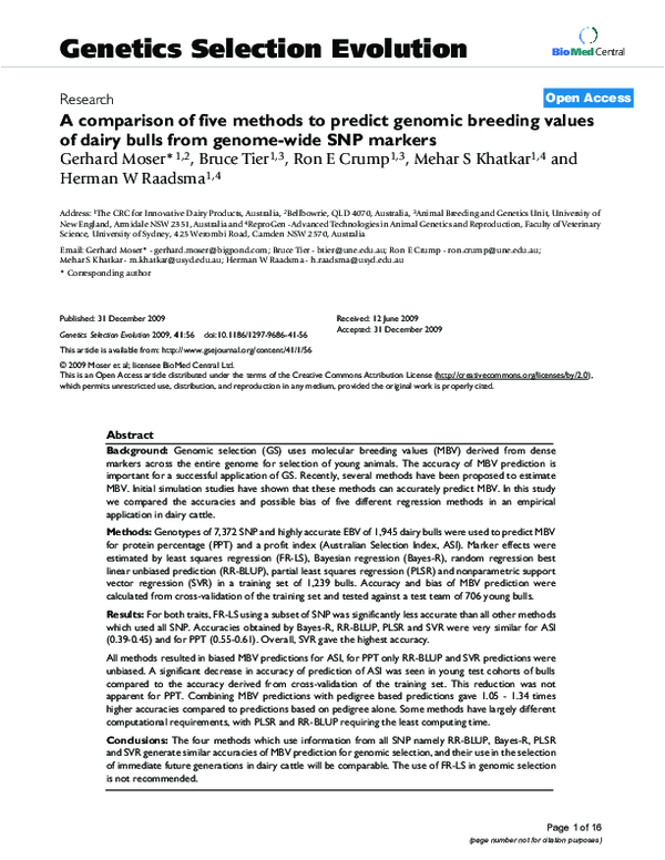 (PDF) A comparison of five methods to predict genomic breeding values of dairy bulls from genome ...