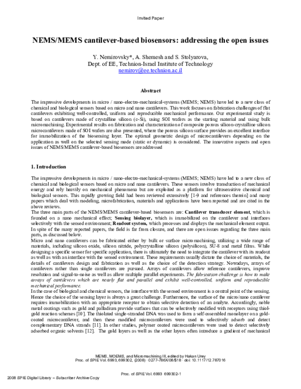 Pdf Nemsmems Cantilever Based Biosensors Addressing The Open Issues