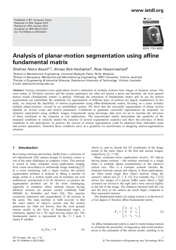 (PDF) Analysis of planar-motion segmentation using affine fundamental matrix