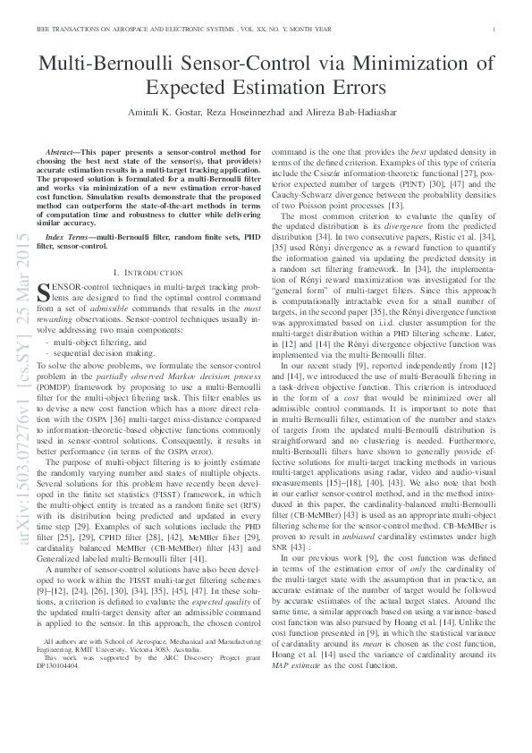 (PDF) Multi-Bernoulli Sensor-Control via Minimization of Expected Estimation Errors