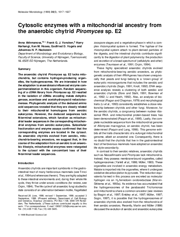 (PDF) Cytosolic enzymes with a mitochondrial ancestry from the ...