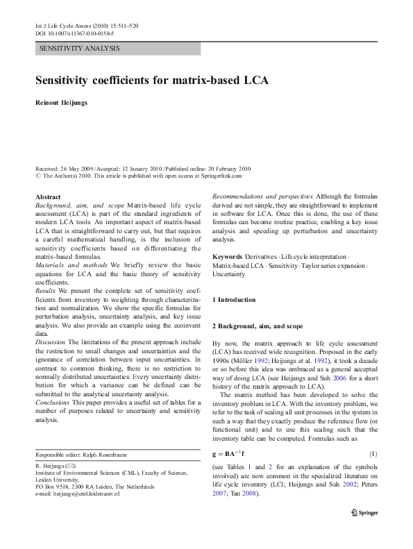 (PDF) Sensitivity coefficients for matrix-based LCA