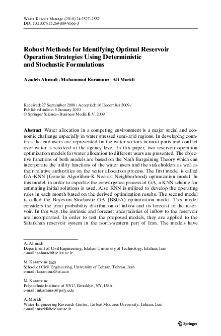 Pdf Robust Methods For Identifying Optimal Reservoir Operation Strategies Using Deterministic