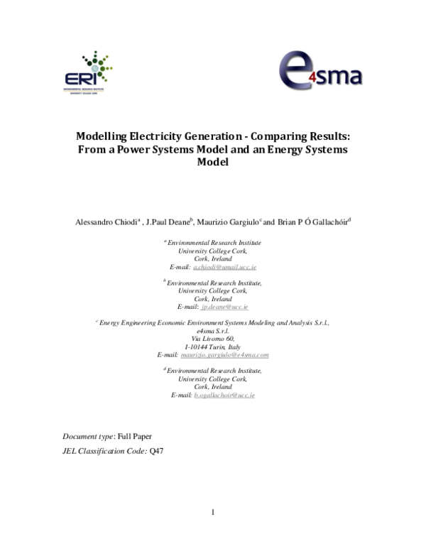 (PDF) Modelling Electricity Generation-Comparing Results: From a Power ...