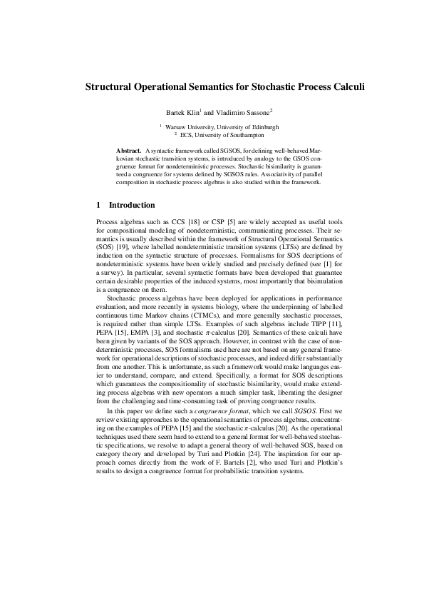 (PDF) Structural Operational Semantics for Stochastic Process Calculi