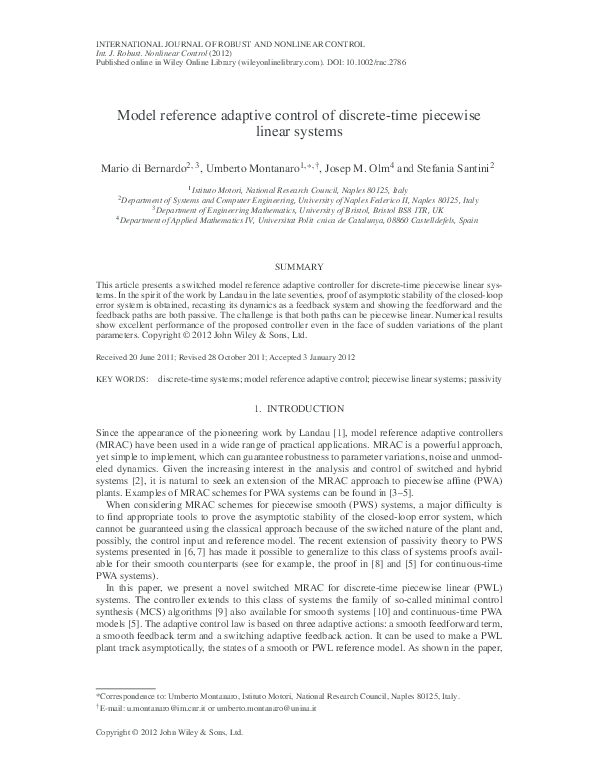 (PDF) Model reference adaptive control of discrete-time piecewise linear systems