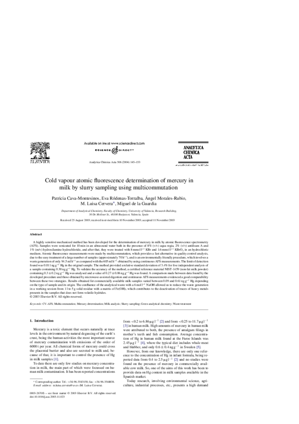 (PDF) Cold vapour atomic fluorescence determination of mercury in milk ...