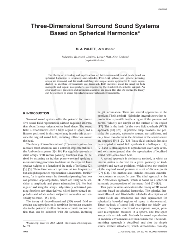 (PDF) Three-dimensional surround sound systems based on spherical harmonics