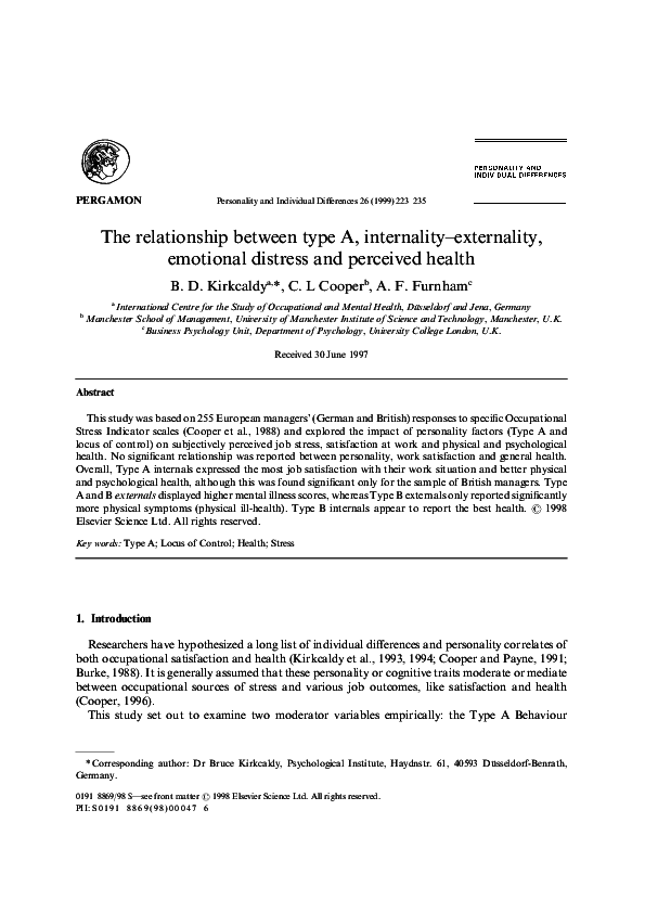 The relationship between type a, internality–externality, emotional ...