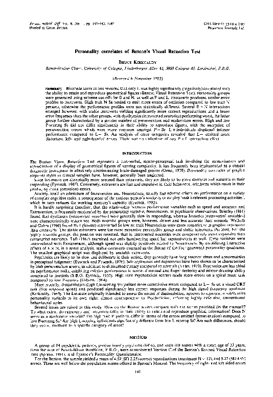 (PDF) Personality correlates of Benton's visual retention test