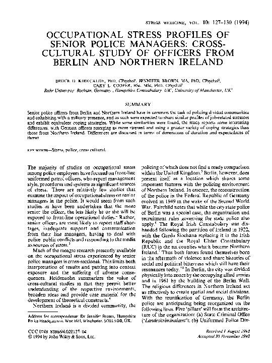 (PDF) Occupational stress profiles of senior police managers: Cross ...