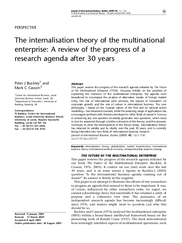 Pdf The Internalisation Theory Of The Multinational Enterprise A Review Of The Progress Of A