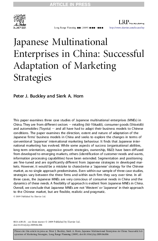 (PDF) Japanese Multinational Enterprises in China: Successful ...