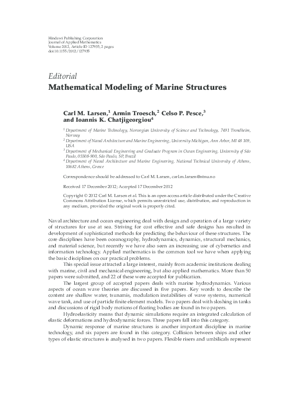 (PDF) Mathematical Modeling of Marine Structures
