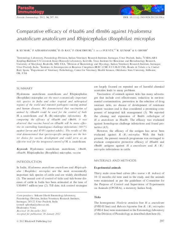 (PDF) Comparative efficacy of rHaa86 and rBm86 against Hyalomma anatolicum anatolicum and ...