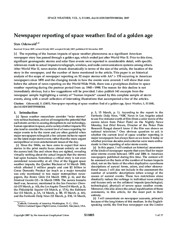 (PDF) Newspaper reporting of space weather: End of a golden age