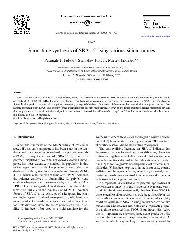 (PDF) Short-time synthesis of SBA-15 using various silica sources