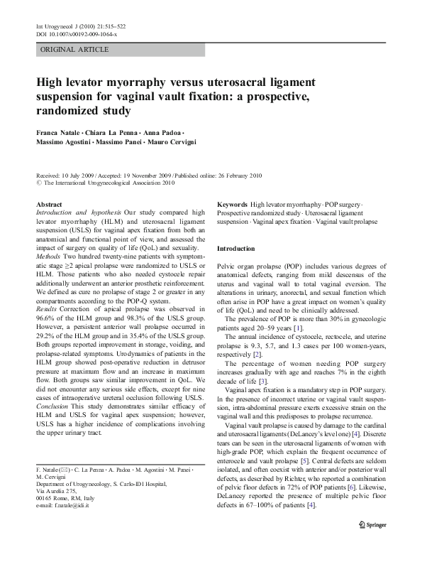Pdf High Levator Myorraphy Versus Uterosacral Ligament Suspension For