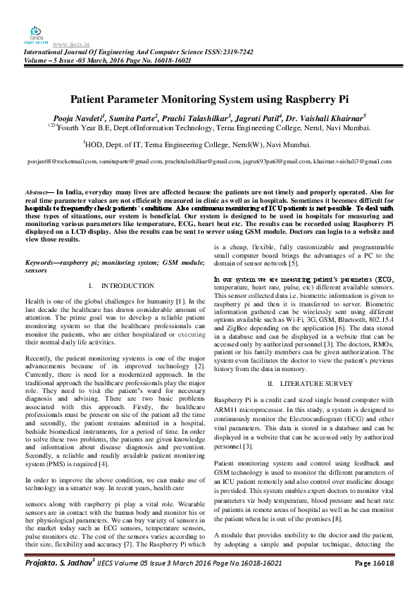 Pdf Patient Parameter Monitoring System Using Raspberry Pi