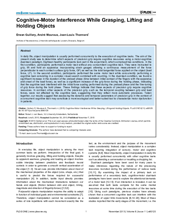 (PDF) Cognitive-Motor Interference While Grasping, Lifting and Holding Objects
