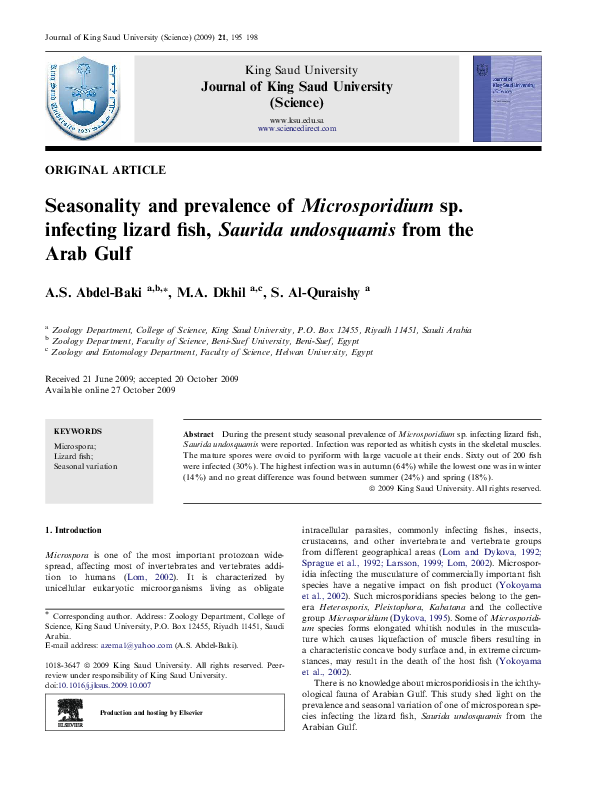 (PDF) Seasonality and prevalence of Microsporidium sp. infecting lizard ...