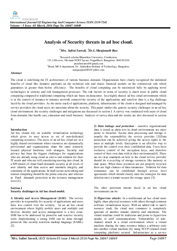 (PDF) Analysis of Security threats in ad hoc cloud