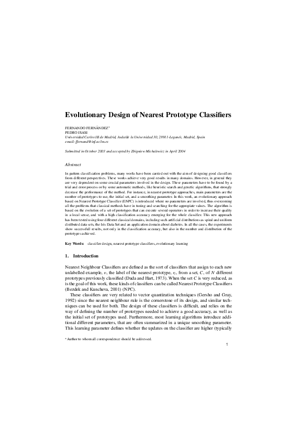 (PDF) Evolutionary Design of Nearest Prototype Classifiers