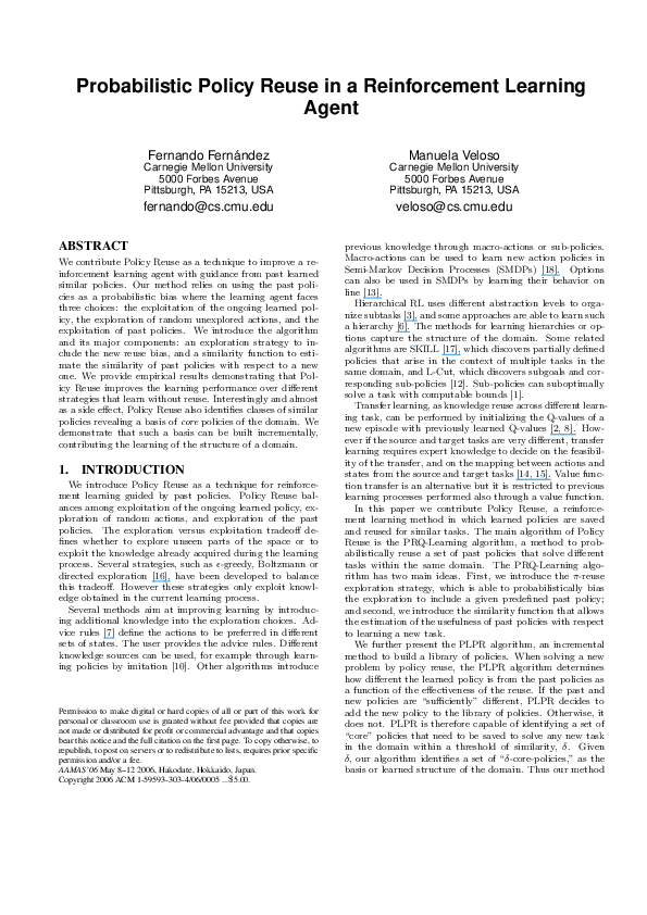 (PDF) Probabilistic Policy Reuse In a Reinforcement Learning Agent