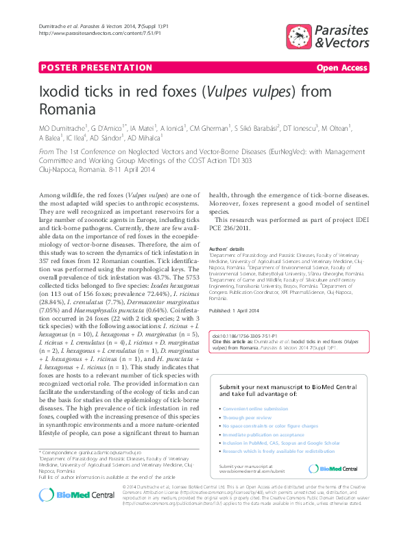 (PDF) Ixodid ticks in red foxes (Vulpes vulpes) from Romania