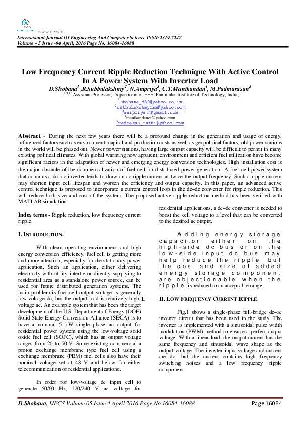 Pdf Low Frequency Current Ripple Reduction Technique With Active Control In A Power System