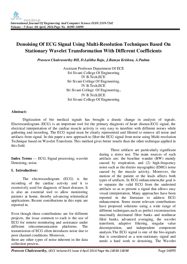 Pdf Denoising Of Ecg Signal Using Multi Resolution Techniques Based On Stationary Wavelet