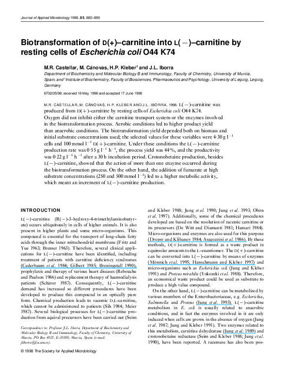 (PDF) D(+)-carnitine to L(−)-carnitine by E. coli