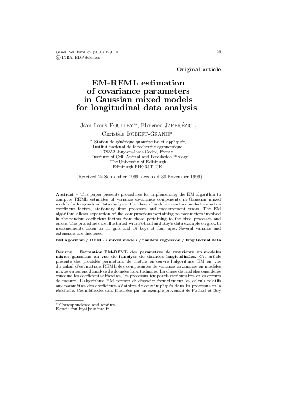 Pdf Em Reml Estimation Of Covariance Parameters In Gaussian Mixed Models For Longitudinal Data
