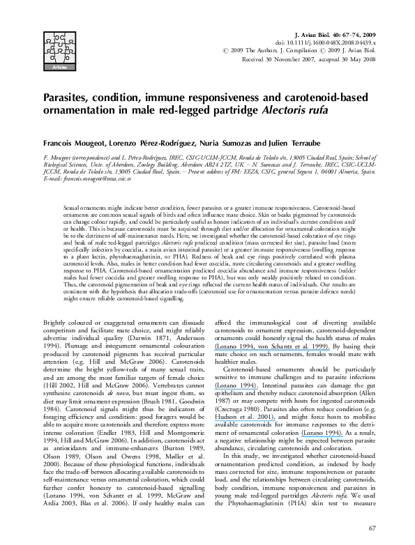 (PDF) Parasites, condition, immune responsiveness and carotenoid-based ...