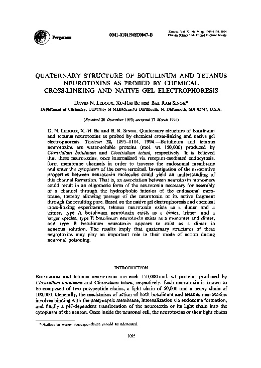 Pdf Quaternary Structure Of Botulinum And Tetanus Neurotoxins As Probed By Chemical Cross