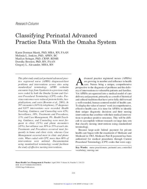 (PDF) Classifying Perinatal Advanced Practice Data With the Omaha System