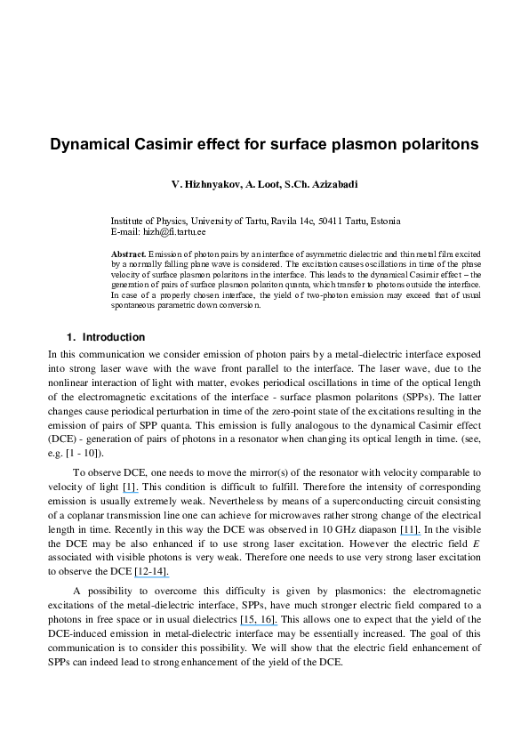 (PDF) Dynamical Casimir effect for surface plasmon polaritons