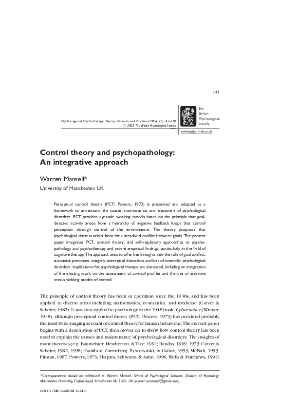 (PDF) Control theory and psychopathology: An integrative approach