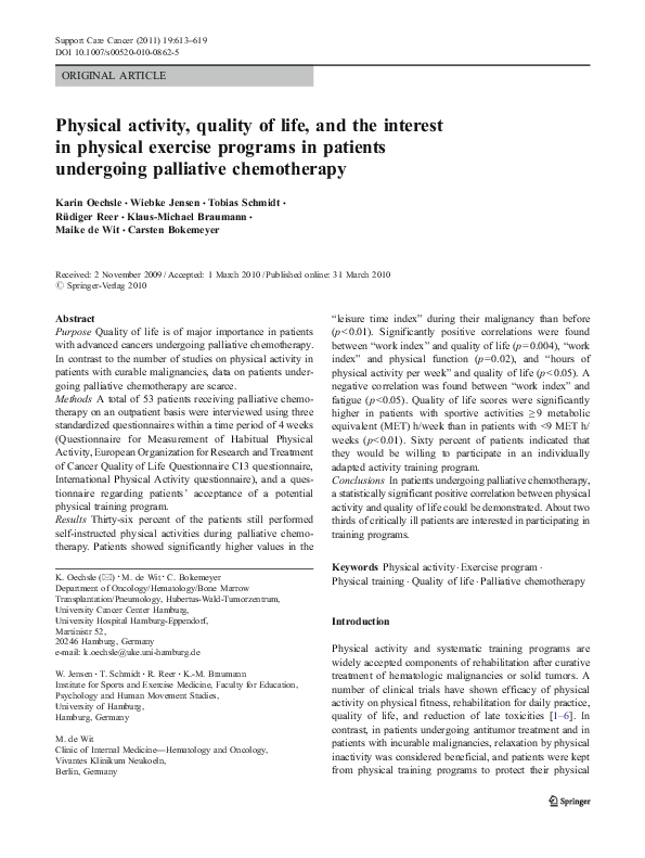 (PDF) Exercise prescription and tailored physical activity intervention in onco‐hematology ...