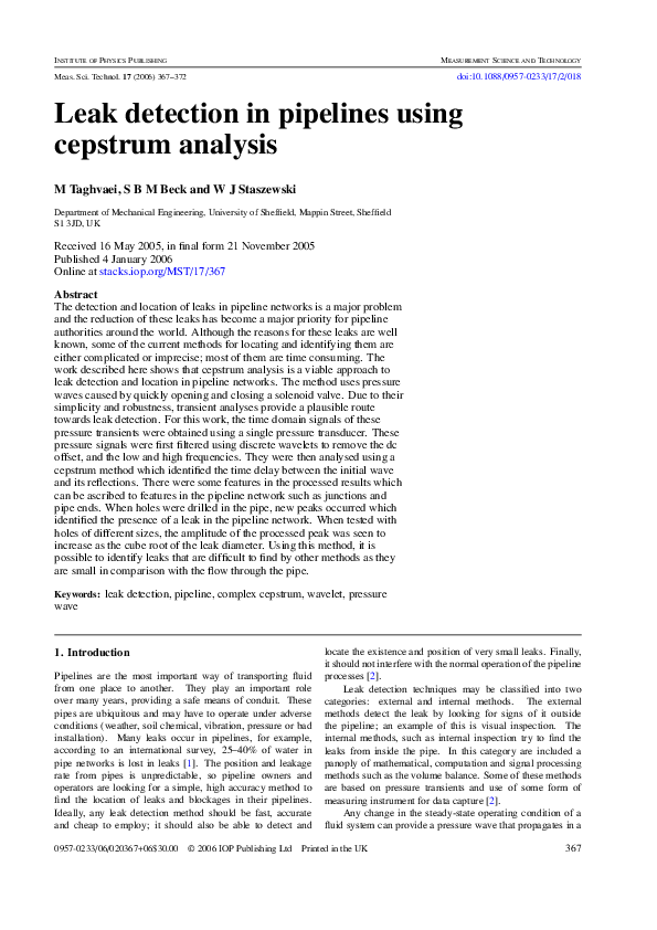 Pdf Leak Detection In Pipelines Using Cepstrum Analysis 9135