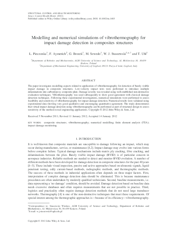 (PDF) Modelling and numerical simulations of vibrothermography for impact damage detection in ...