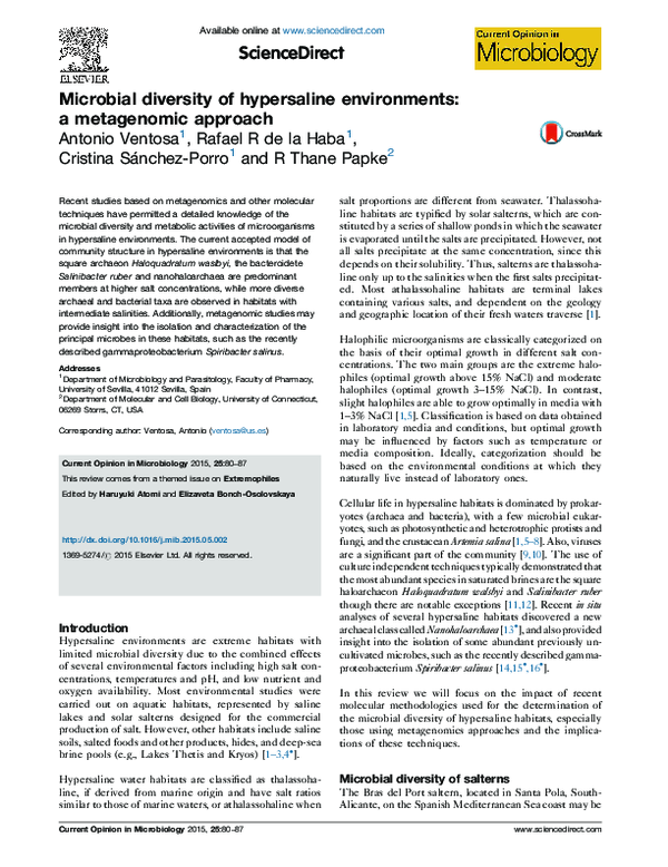 (PDF) Microbial diversity of hypersaline environments: a metagenomic approach