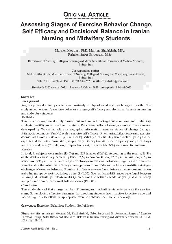 (PDF) Assessing Stages of Exercise Behavior Change, Self Efficacy and ...