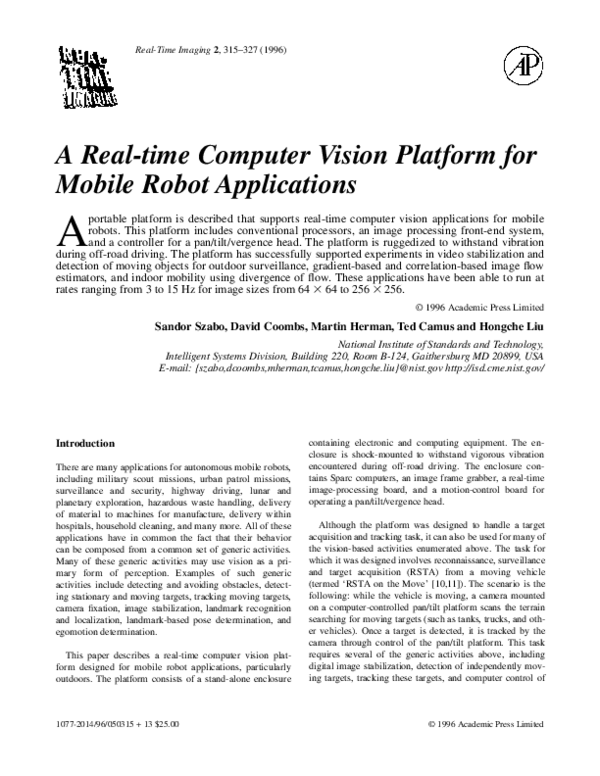Pdf A Real Time Computer Vision Platform For Mobile Robot Applications