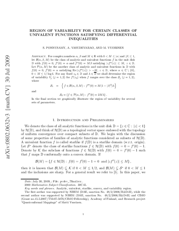 Pdf Region Of Variability For Certain Classes Of Univalent Functions Satisfying Differential