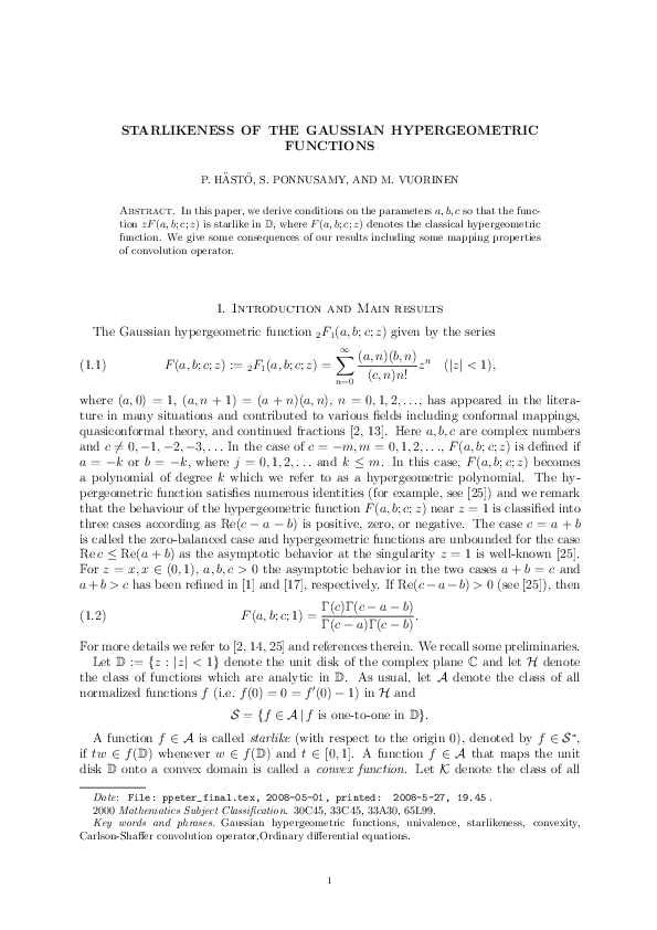 Pdf Starlikeness Of The Gaussian Hypergeometric Functions