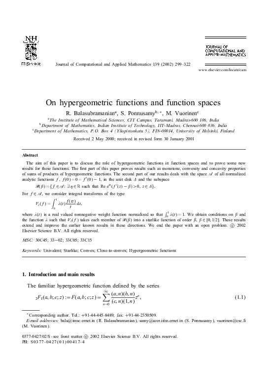 (PDF) On hypergeometric functions and function spaces