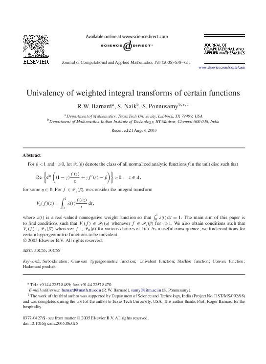 (PDF) Univalency of Weighted Integral Transforms in Analytic Functions