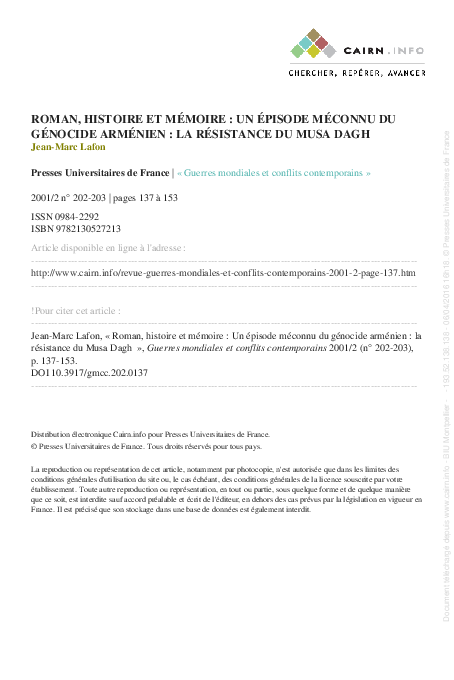Roman, histoire et mémoire : Un épisode méconnu du génocide arménien ...